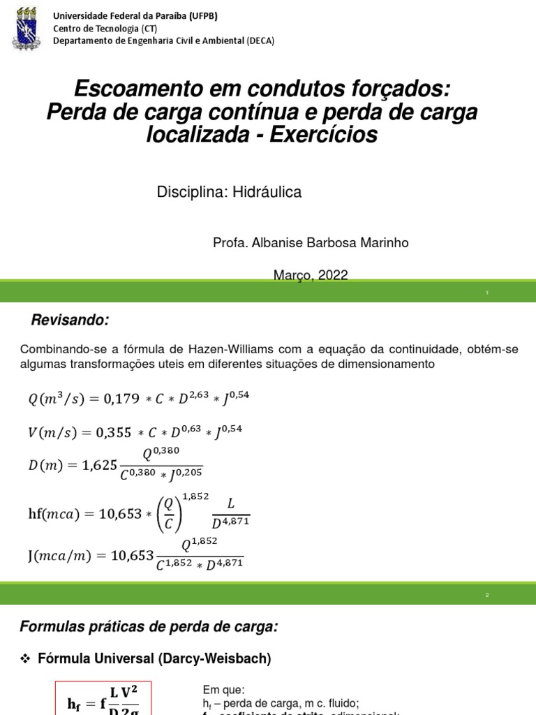 Perdas de carga em tubulações: aplicação de fórmulas e resolução de ...
