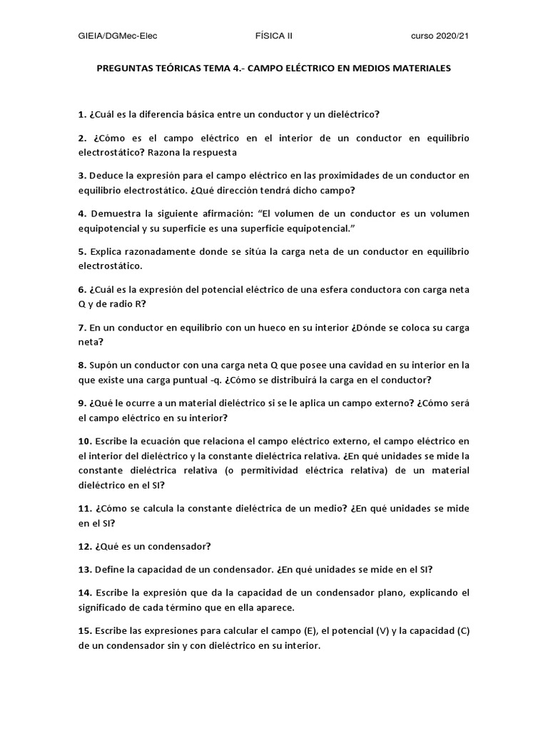 Preguntas Teóricas - Tema - 4 - 2020-21 | PDF | Condensador | Dieléctrico