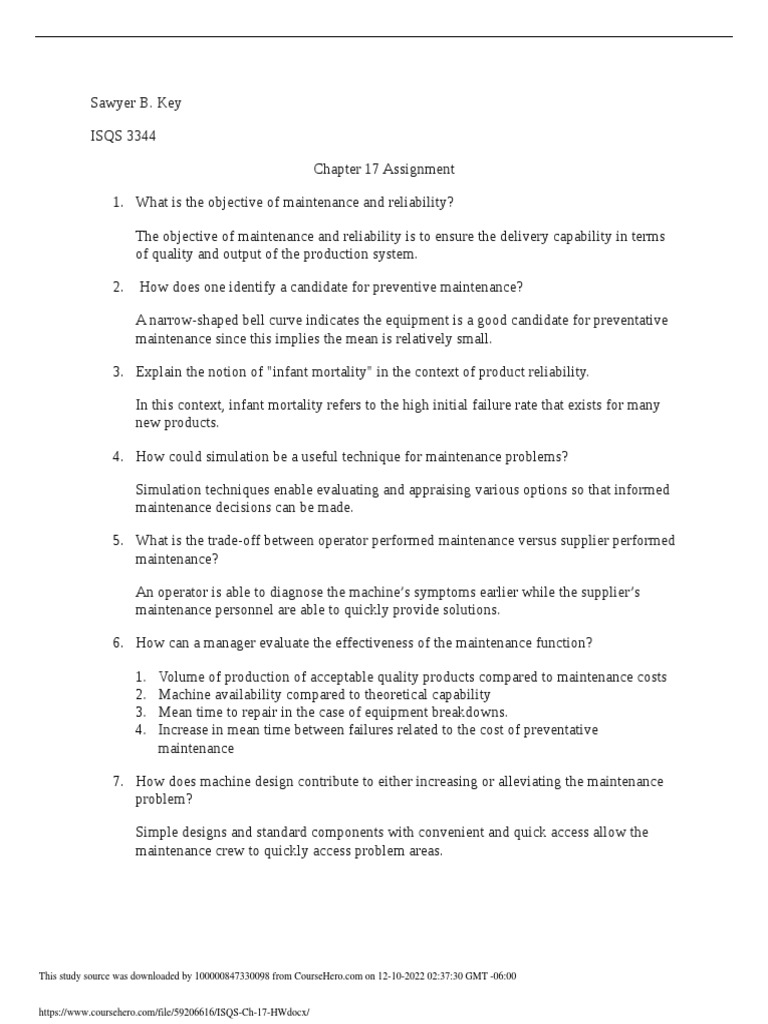 ISQS Ch. 17 HW | PDF | Reliability Engineering | Computing