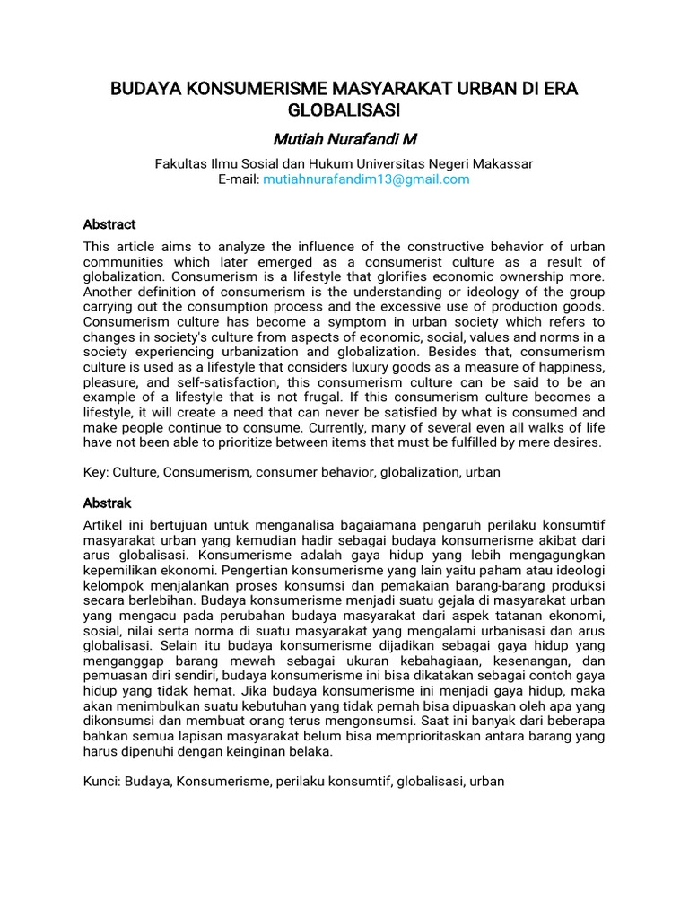 Budaya Konsumerisme Masyarakat Urban Di Era Globalisasi | PDF