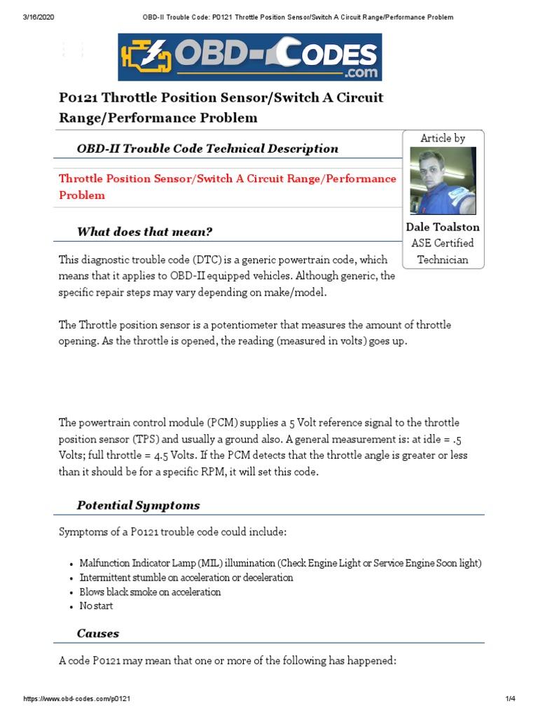 OBD-II Trouble Code - P0121 Throttle Position Sensor - Switch A Circuit Range - Performance ...