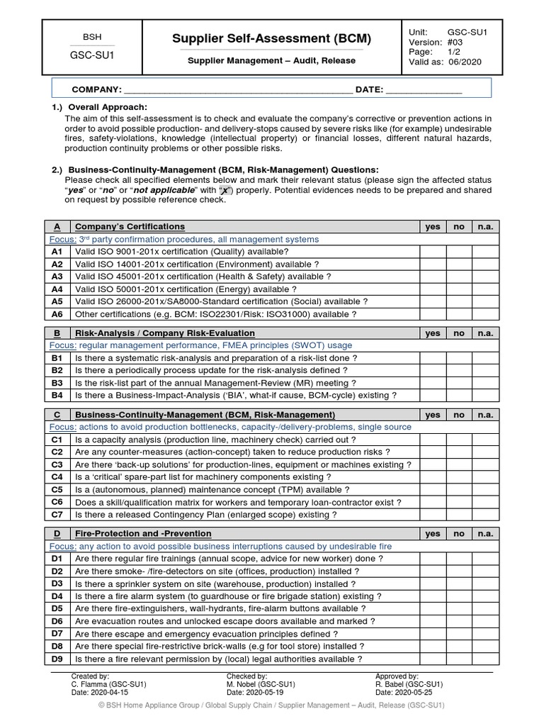 BCM Supplier Self Assessment 2020 | PDF | Risk Management | Risk