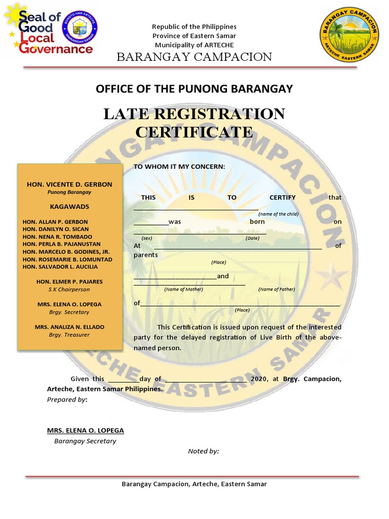 Barangay Certification for Late Birth Registration | PDF