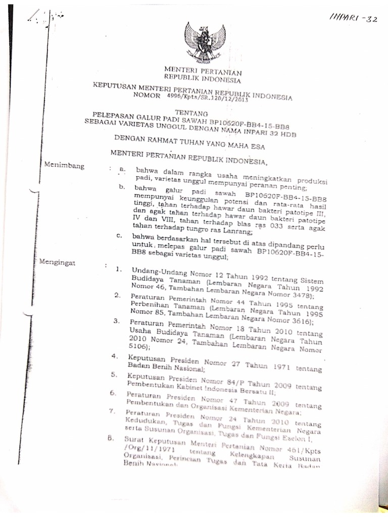 SK. Mentan Pelepasan Padi Varietas INPARI 32 HDB | PDF