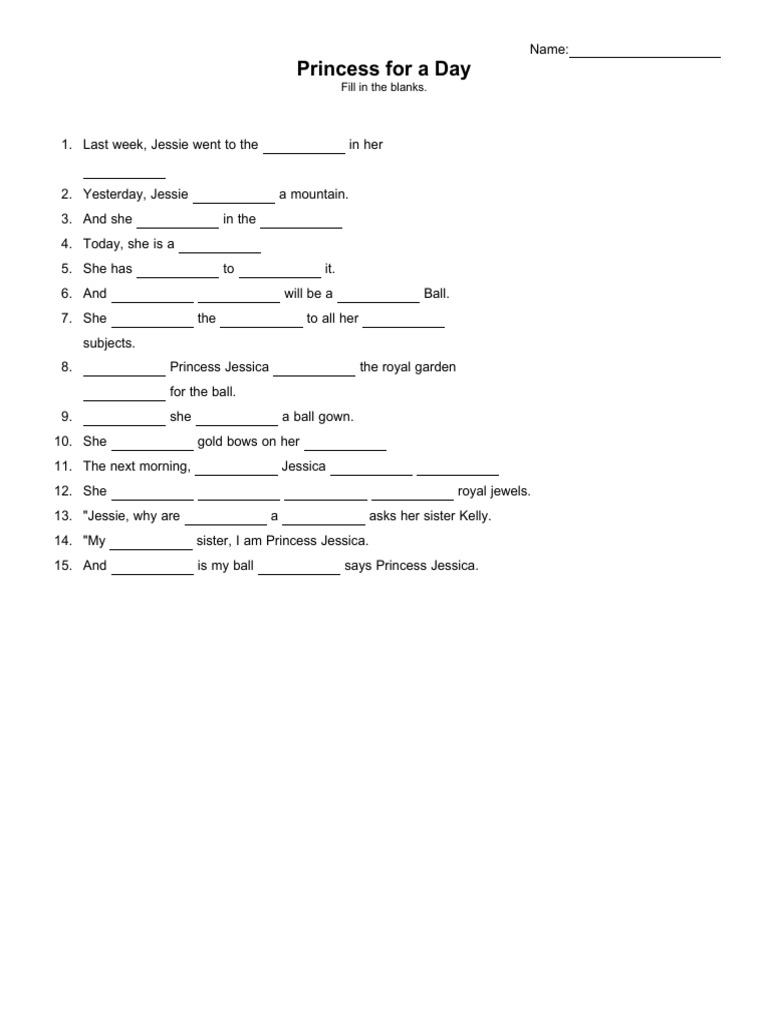 Princess For A Day Fill in The Blanks | PDF