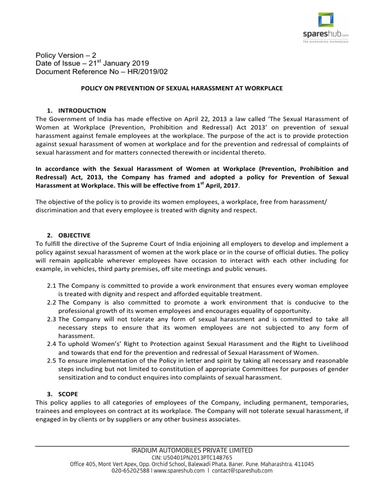 POSH Policy Document Ver2 | PDF | Sexual Harassment | Complaint