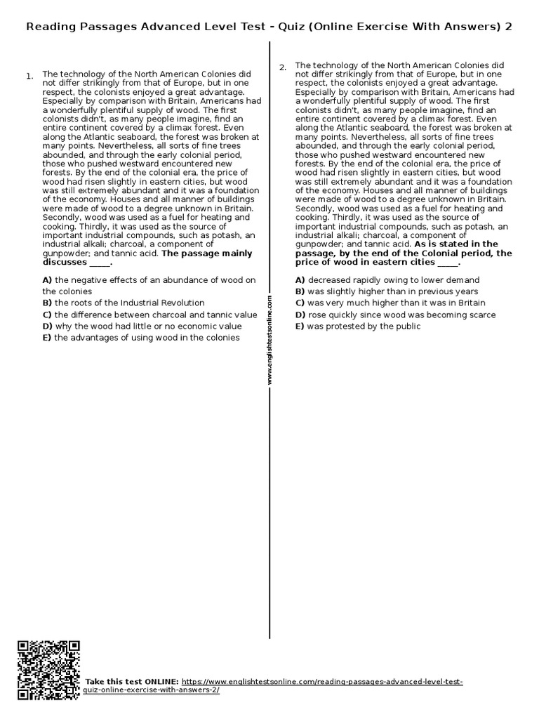 391 - Reading Passages Advanced Level Test Quiz Online Exercise With ...