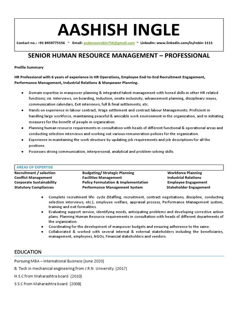 Aashish Ingle - HR Manager Updated Resume | PDF | Human Resource Management | Human Resources