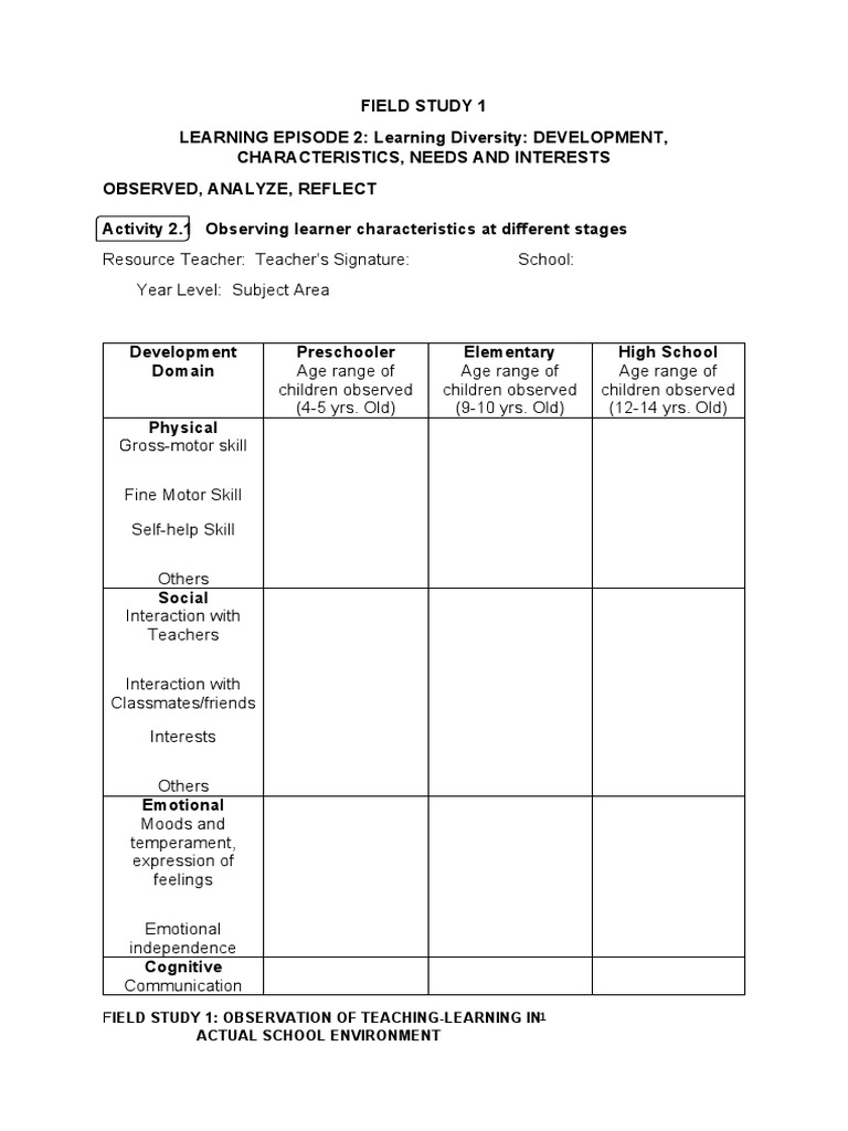 Ield Study 1: Observation of Teaching-Learning in Actual School ...