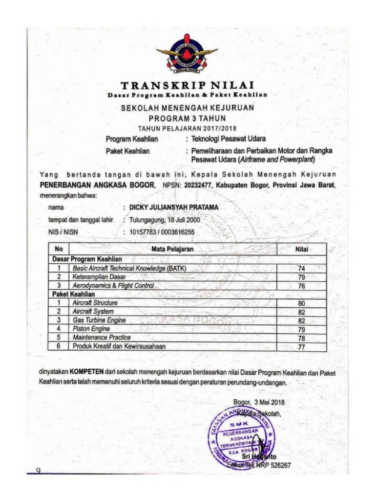 Transkrip Nilai Contoh | PDF