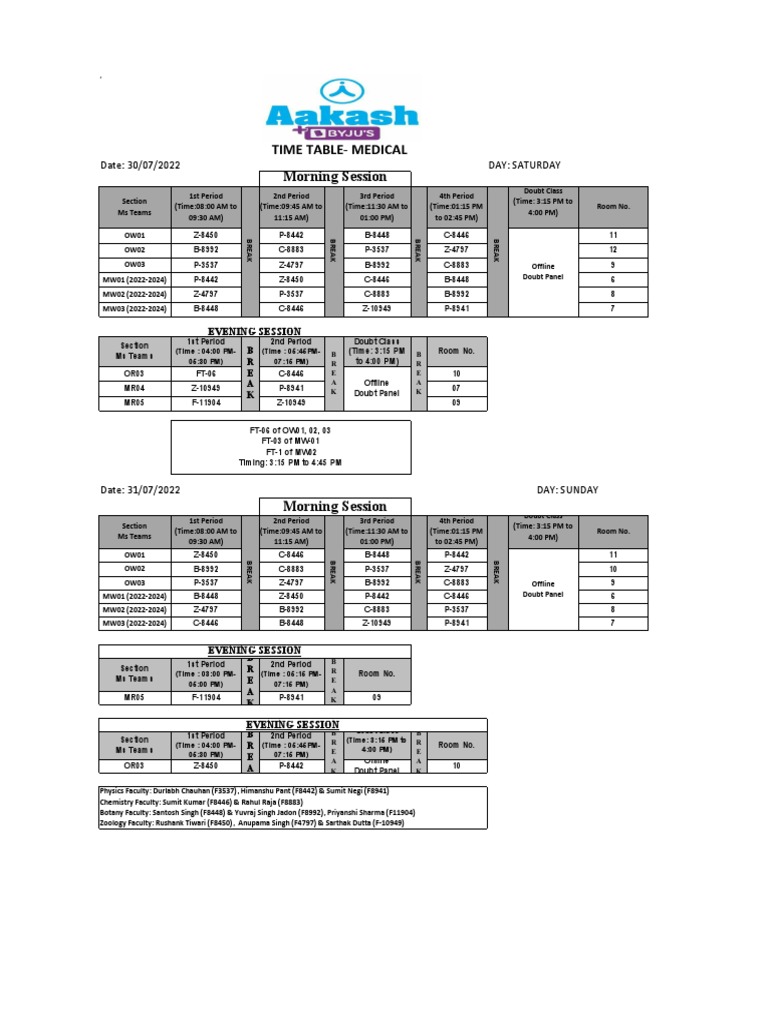Medical - Time Table - 30.07.2022 | PDF
