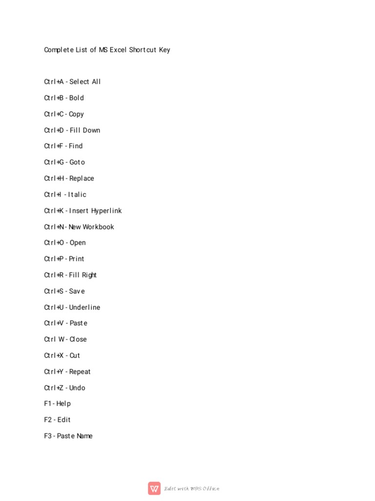 Ms Excel Short Keys Pdf