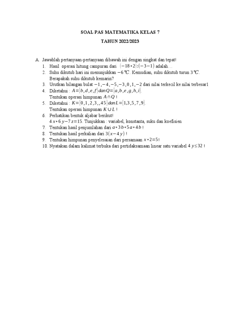 Soal Essay Pas MTK Kelas 7 2022 | PDF