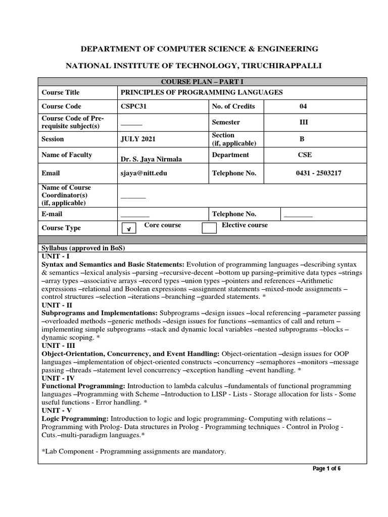 CSPC31-Principles of Programming Language | PDF | Programming Language | Object Oriented Programming