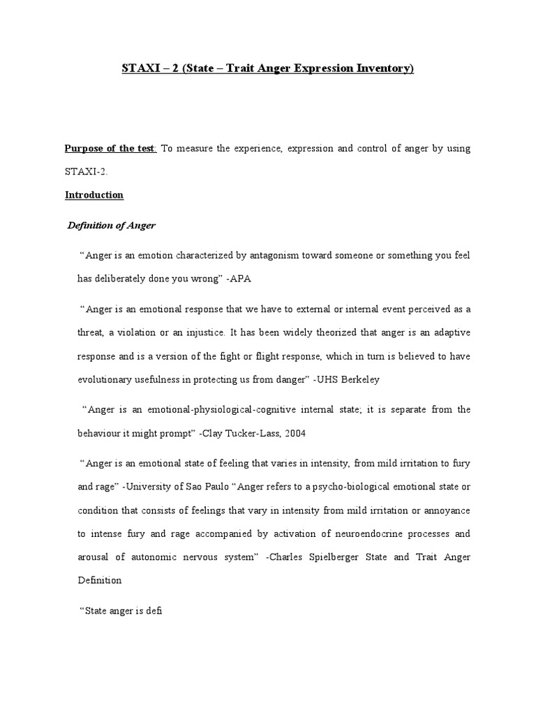 STAXI Practical Report | PDF | Anger | Extraversion And Introversion