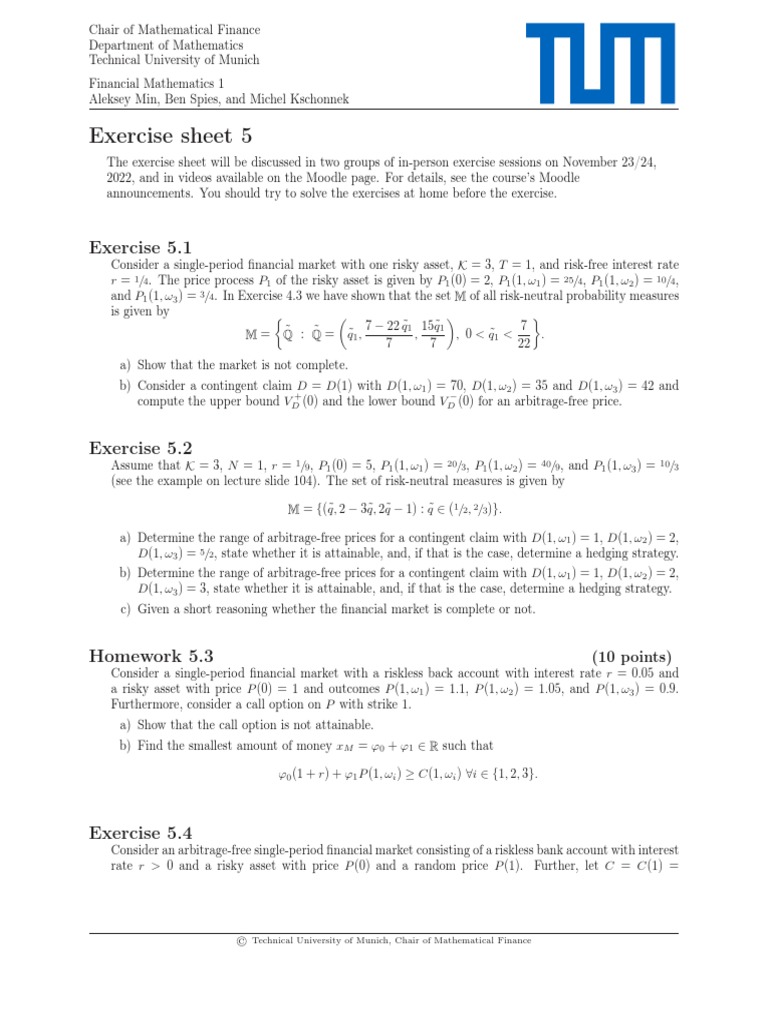 FiMa1 ExerciseSheet05 Assignment | PDF | Option (Finance) | Probability