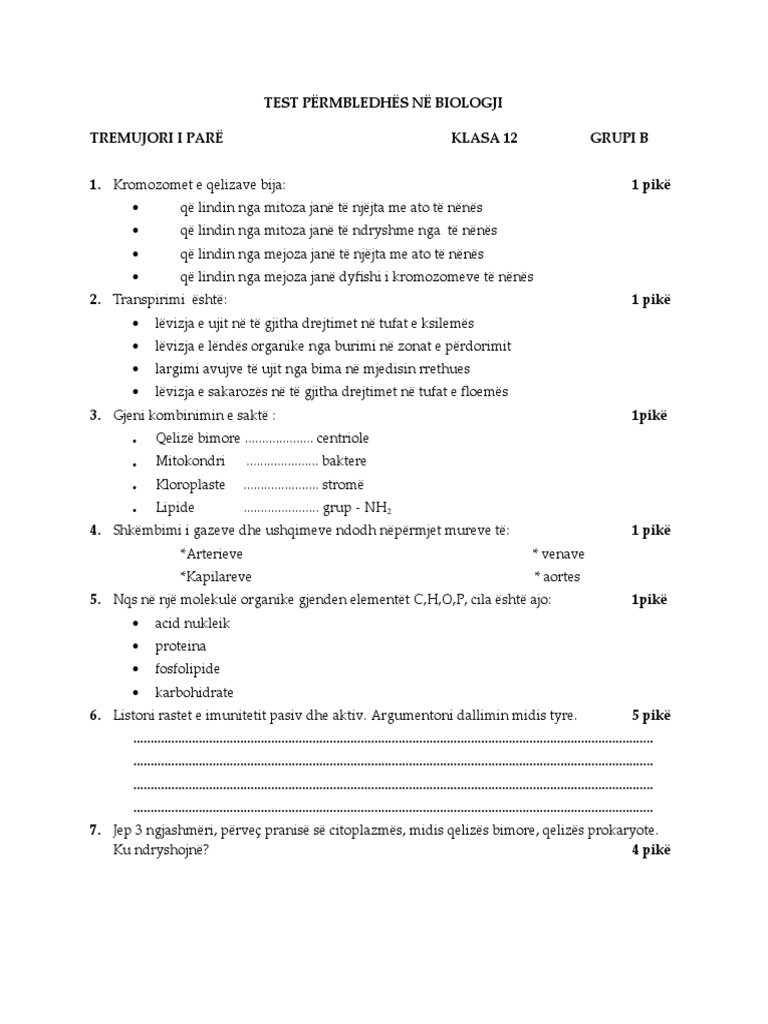 Test Tremujori I Grupi Adhe B Biologjia 12 | PDF