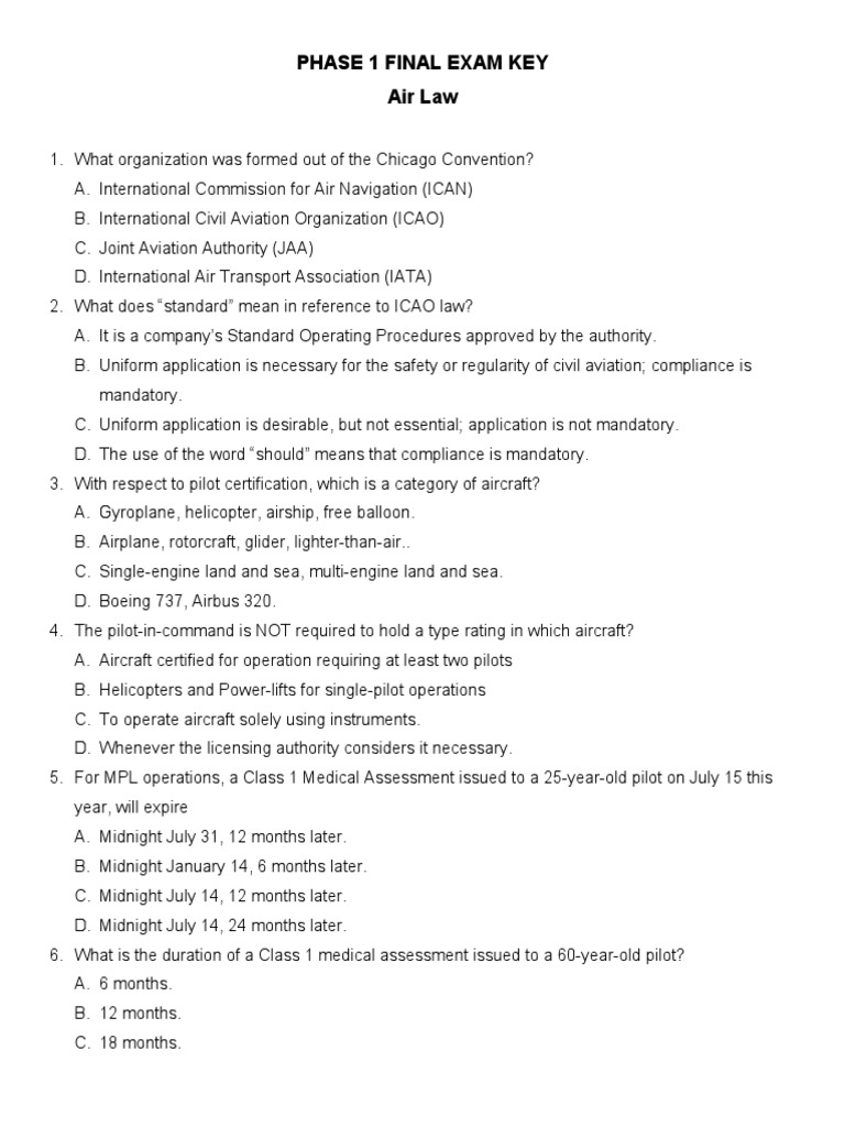 Phase 1 Air Law Final Exam Key | PDF | Aircraft | Aviation