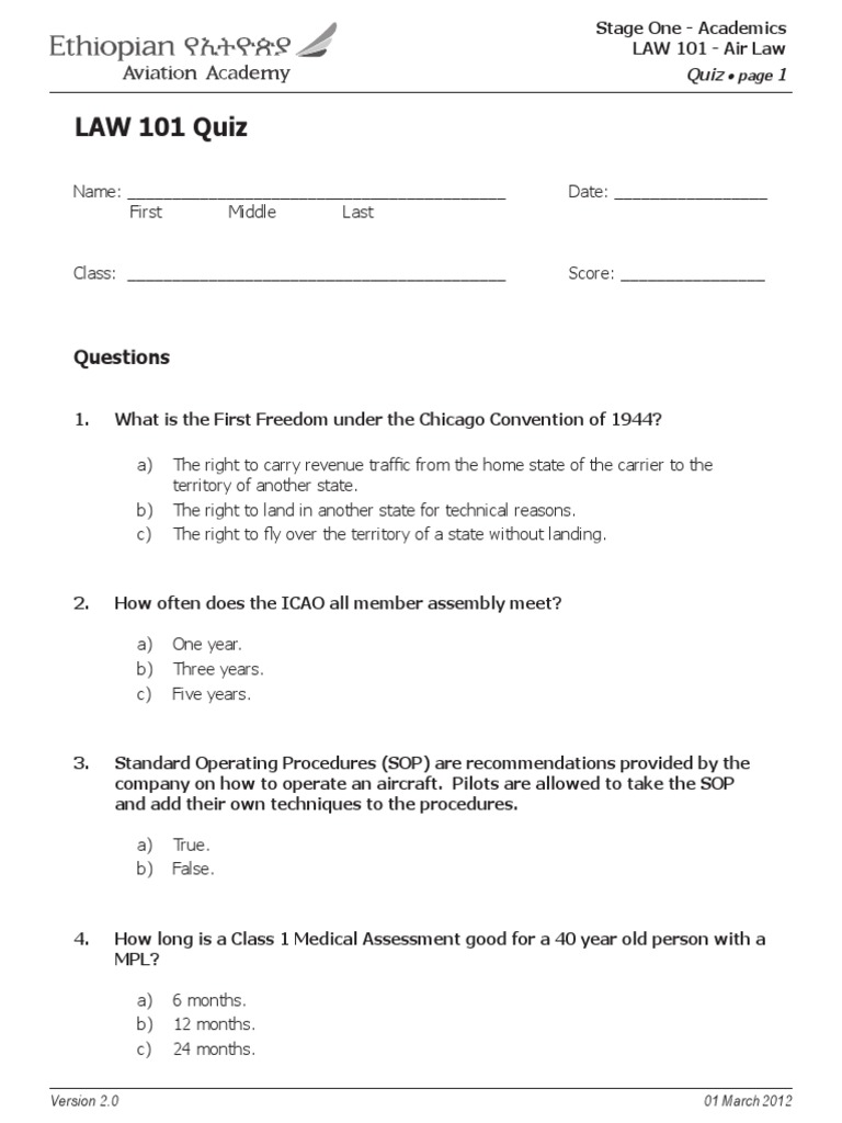 QUIZ LAW 101 Air Law Quiz | PDF | Transport Safety | Aeronautics