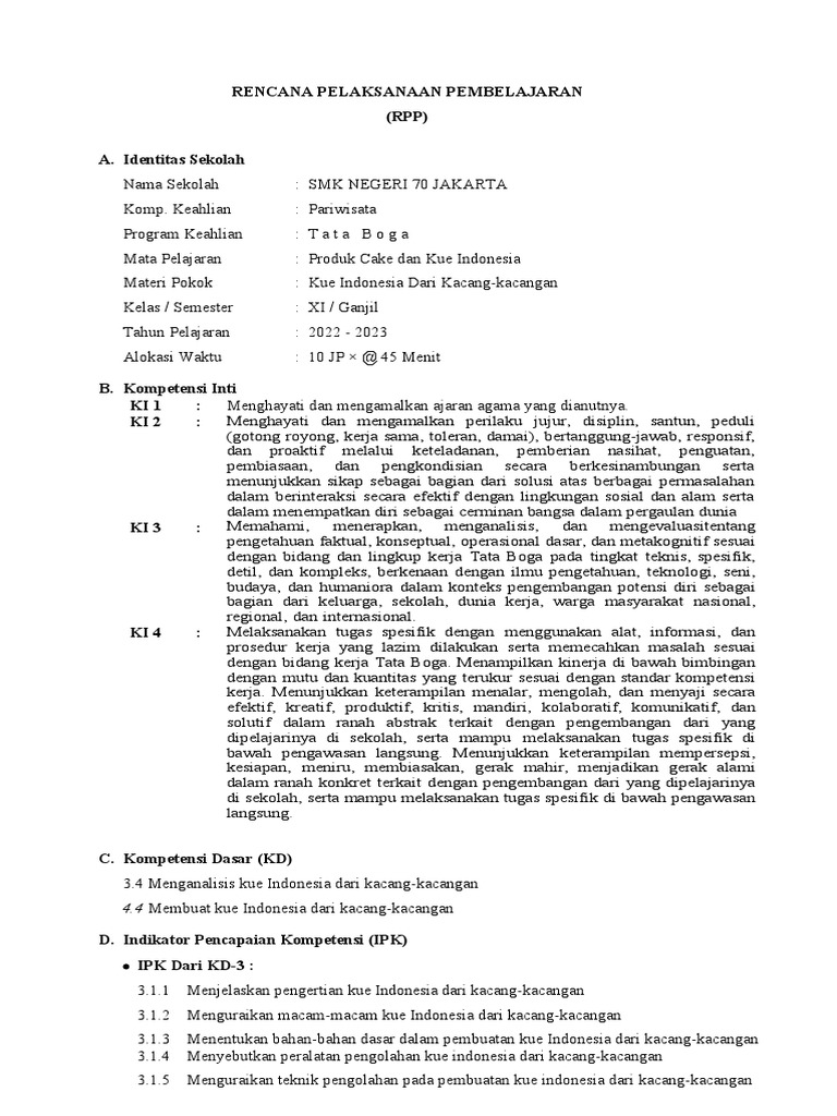 RPP KD 3.6 Kue Indonesia Dari Kacang-Kacangan | PDF