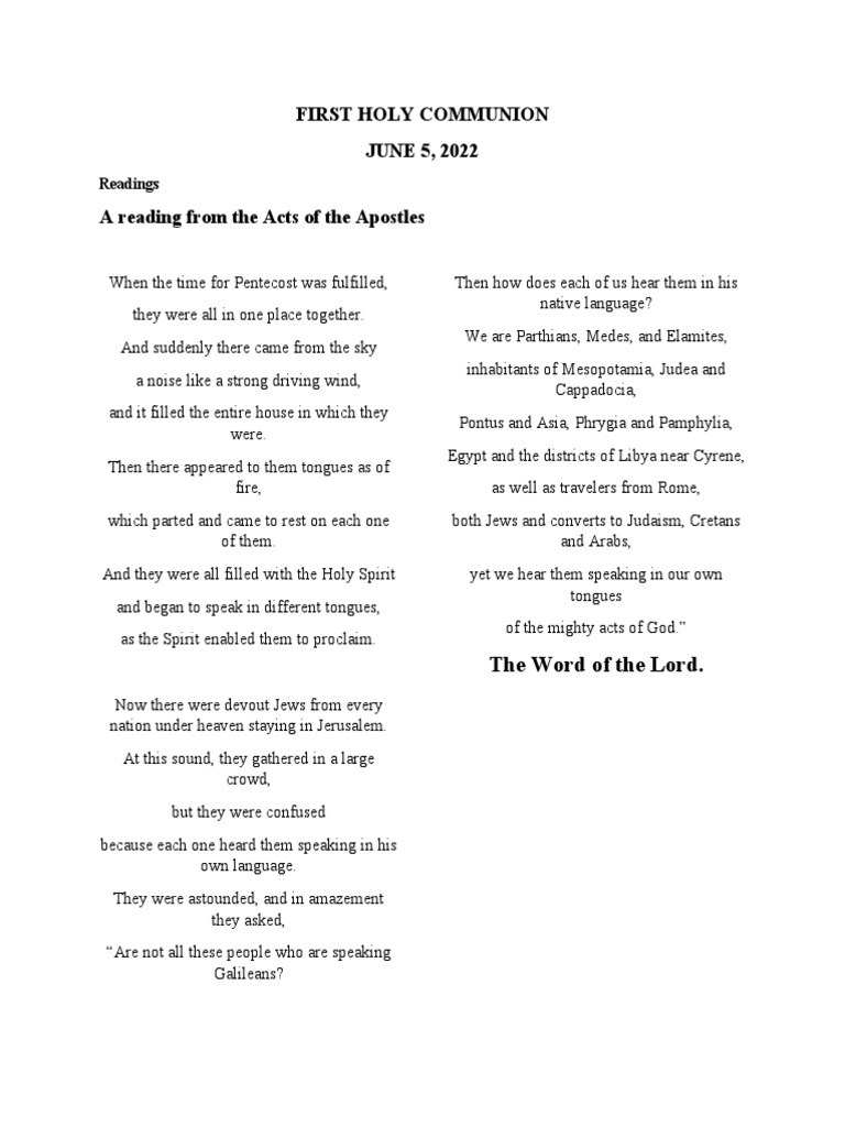 FIRST HOLY COMMUNION Readings | PDF | Spiritual Gift | Jesus