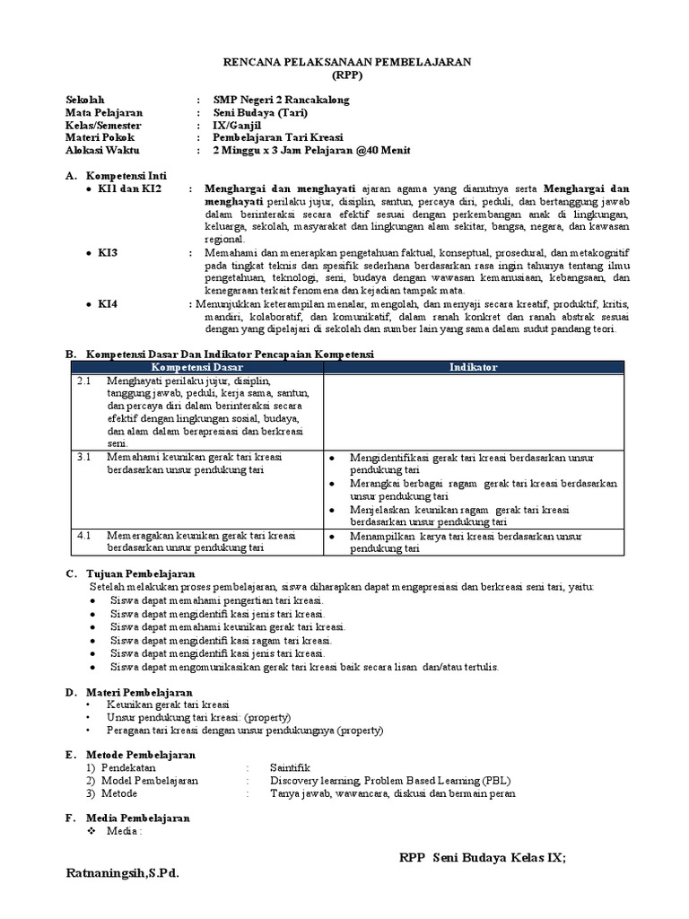 RPP 5 Pembelajaran Tari Kreasi | PDF | Karier & Perkembangan