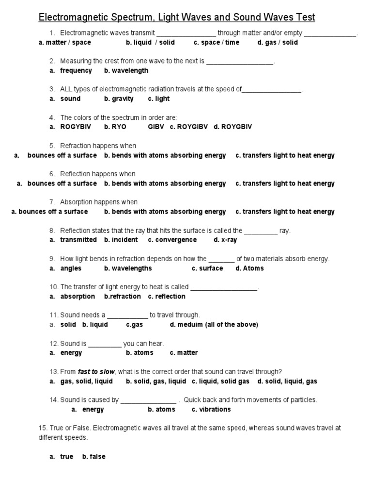 Electromagnetic Spectrum, Light Waves and Sound Waves Test | PDF