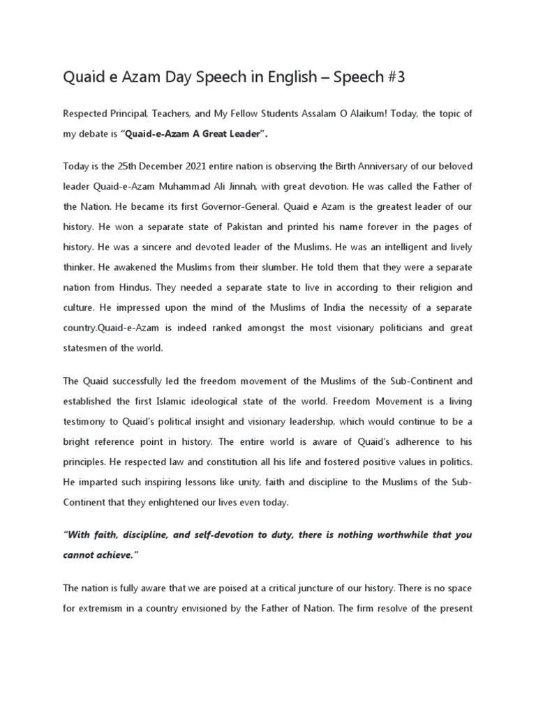 Quaid e Azam Day Speech in English3 | PDF | Muhammad Ali Jinnah ...