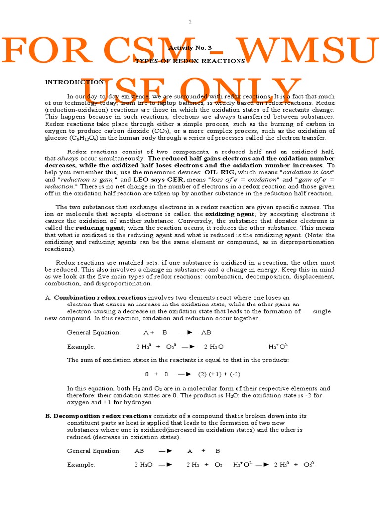 Types of Redox Reactions Guide | PDF | Redox | Chemical Reactions