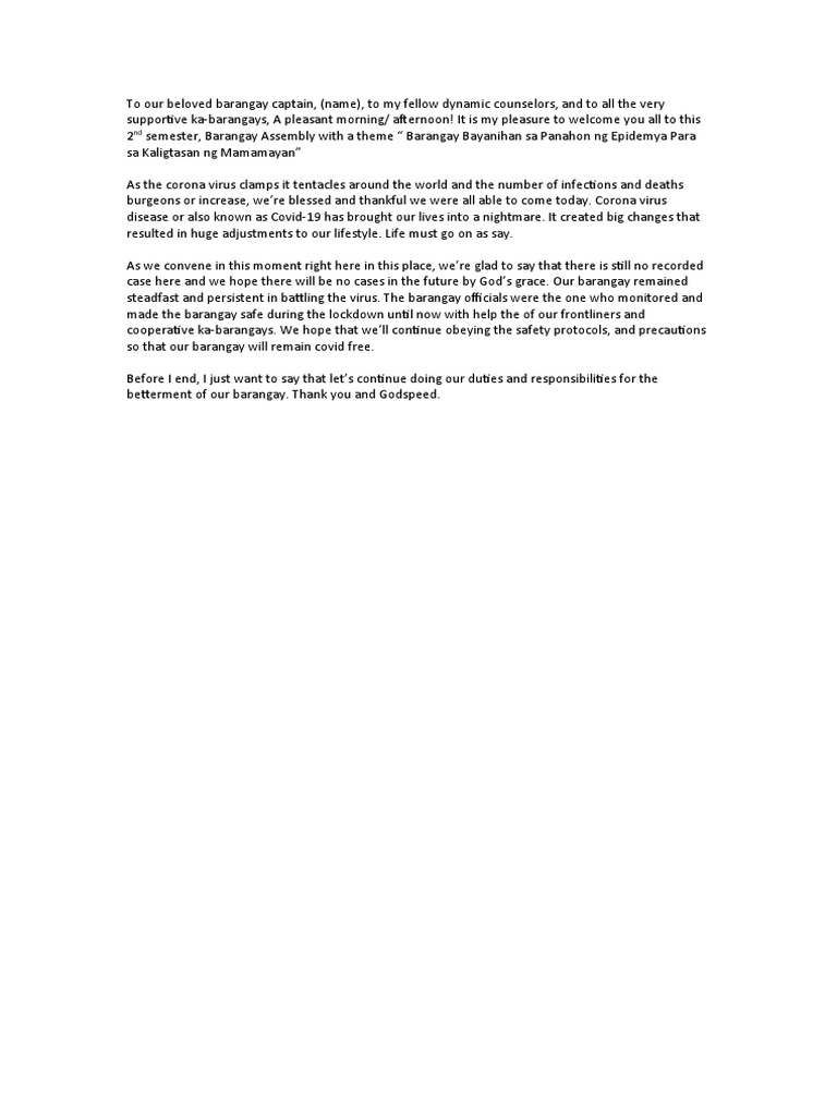 Barangay Assembly Welcome Speech | PDF | Wellness