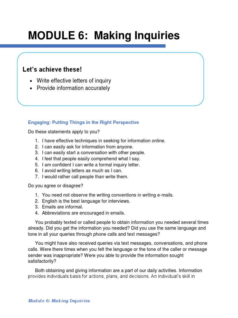 MODULE 6. Making Inquiries | Download Free PDF | Communication ...