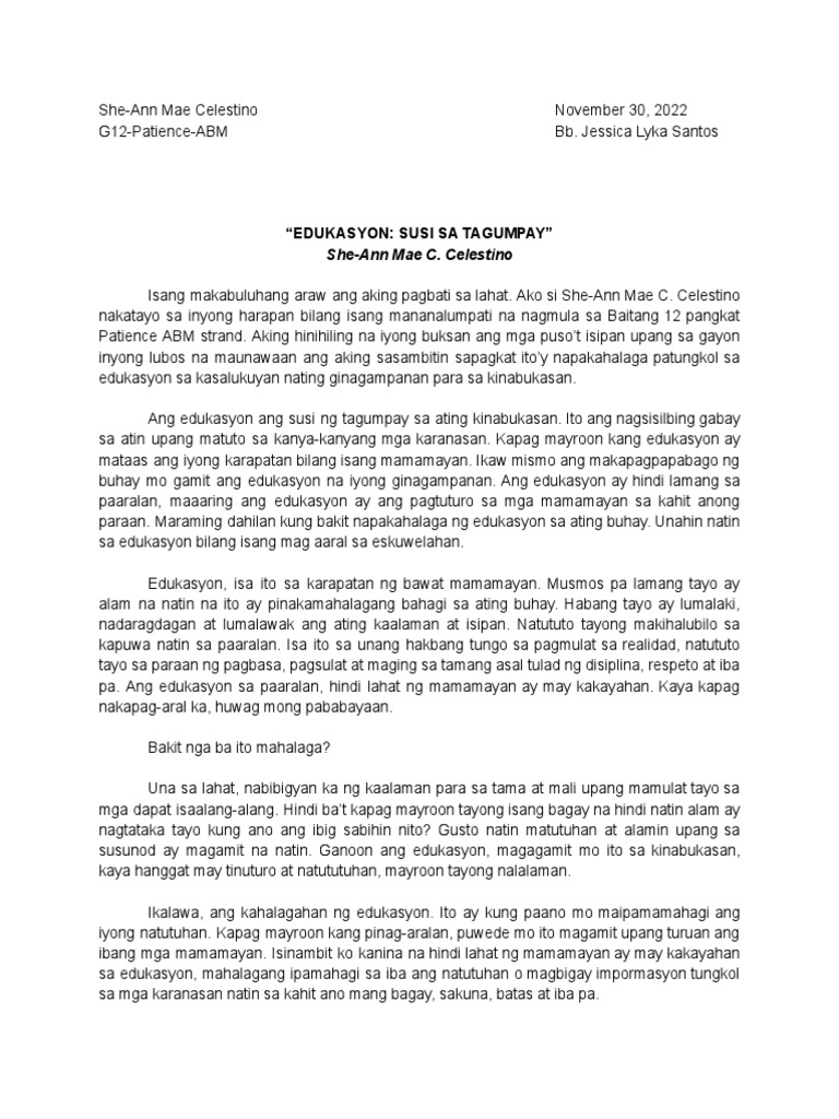 Talumpati Edukasyon - Susi Sa Tagumpay 1 | PDF
