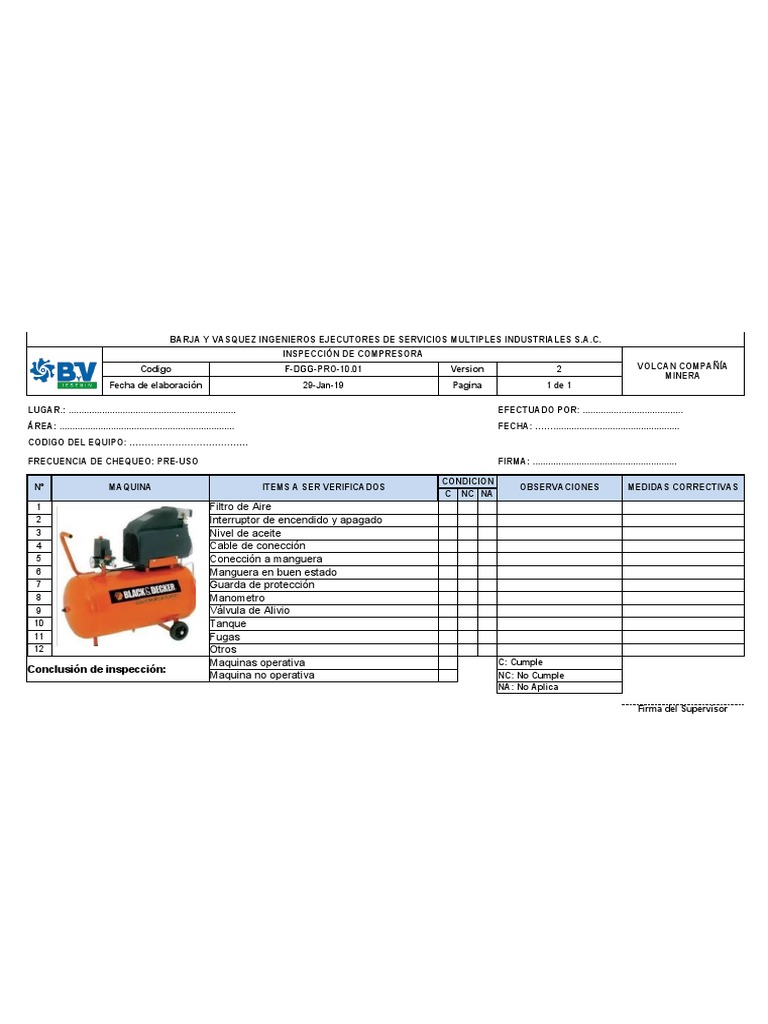 F-Dgg-Pro-19.01 Check List de Inspeccion de Compresora | PDF | Bienes ... F-Dgg-Pro-19.01 Check List de Inspeccion de Compresora | PDF | Bienes ...