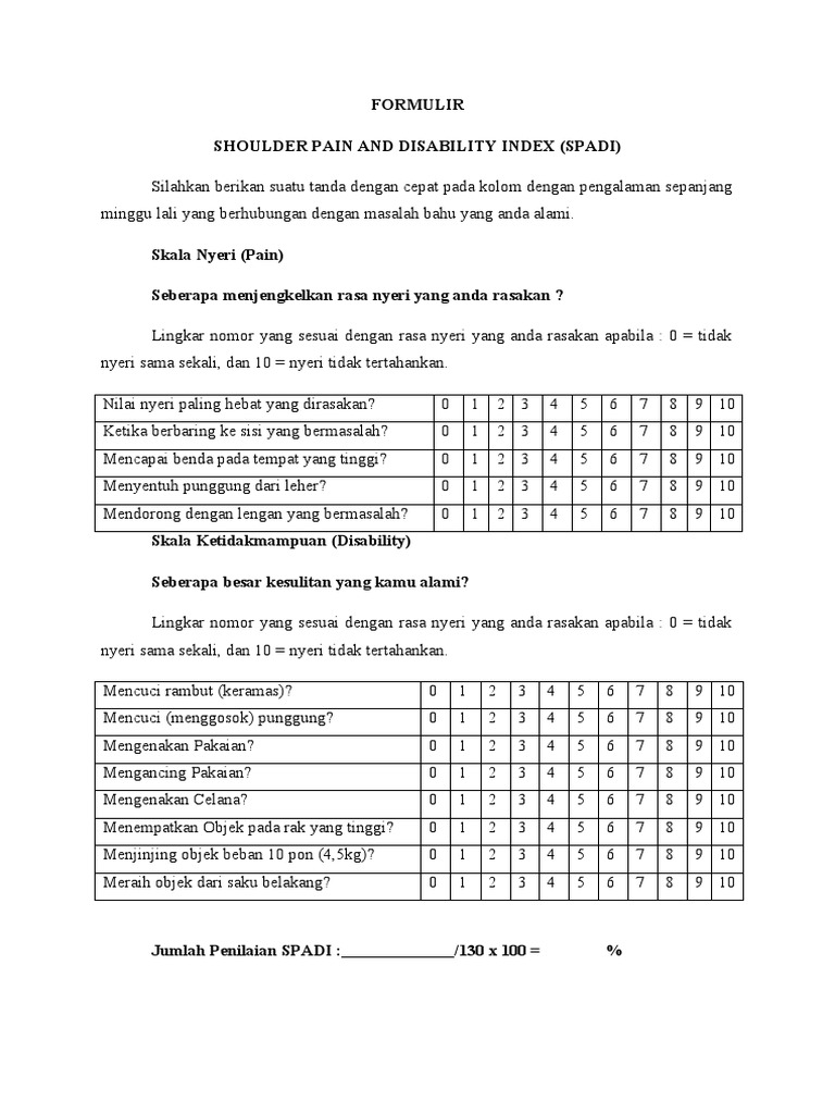 Shoulder Pain Disability Index | PDF