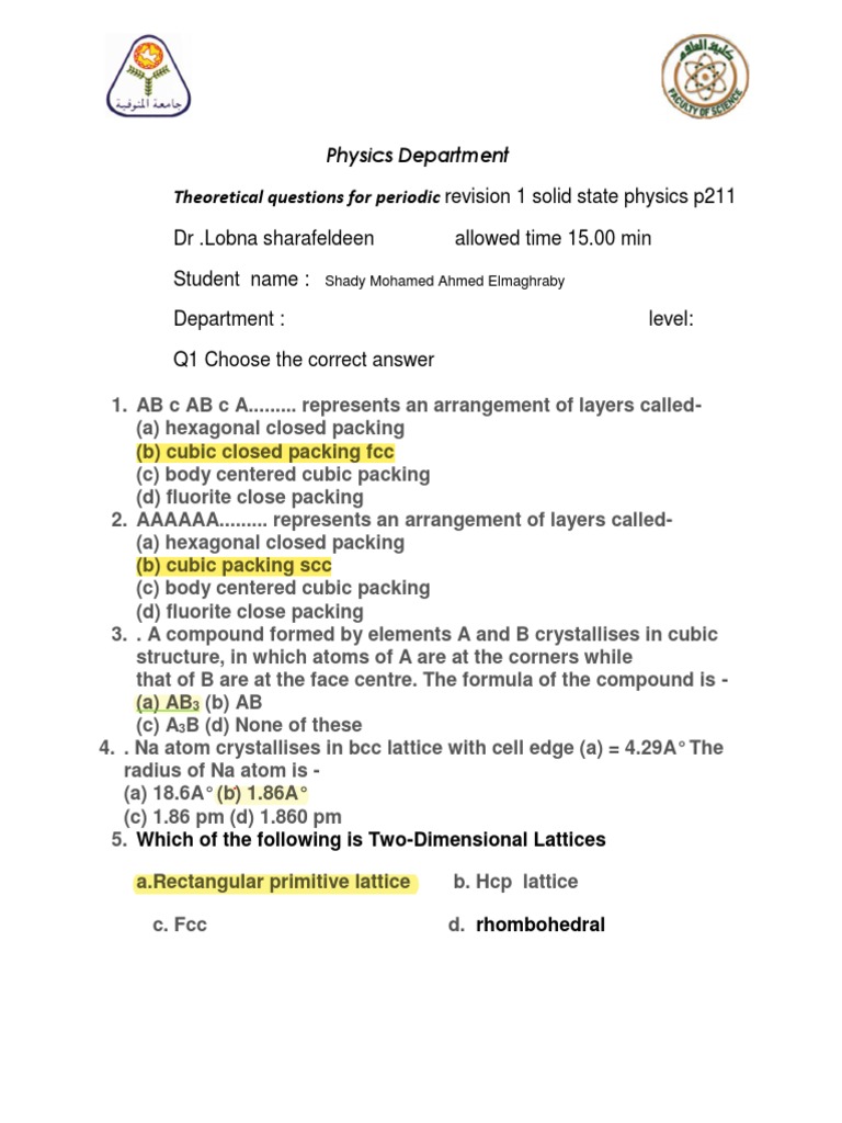 Solid State Physics Revision Questions | PDF | Crystal Structure | Crystal