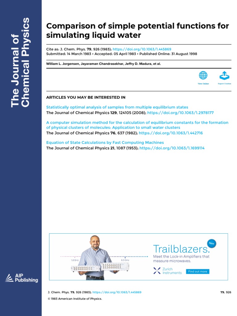 Comparison of Simple Potential Functions For Simulating Liquid Water | PDF | Chemistry ...