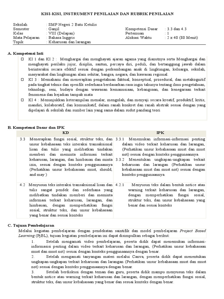 Kisi-Kisi, Instrumen Dan Rubrik Penilaian | PDF