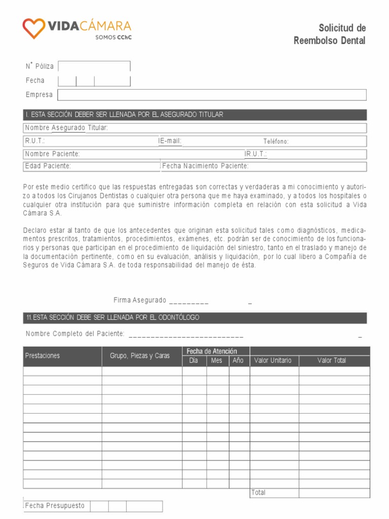 Solicitud-Reembolso-Dental VIDA CAMARA | PDF | Odontología | Medicina CLINICA
