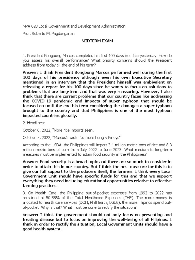 Midterm Exam Local Government and Development | PDF | Food Security ...
