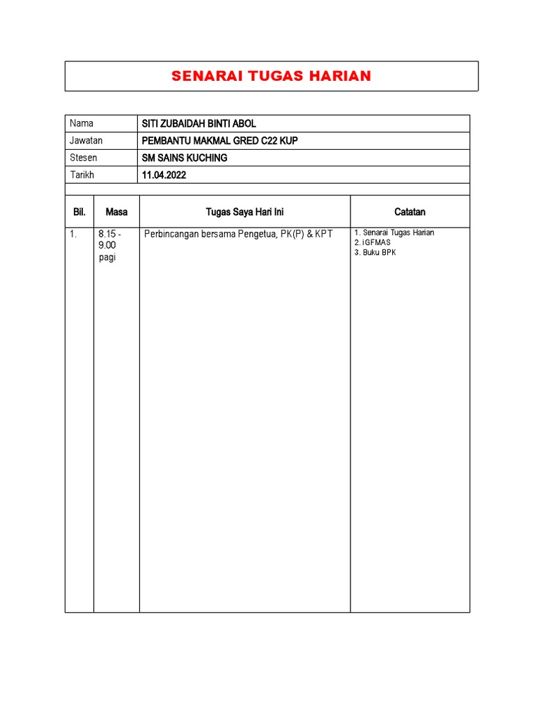 Senarai Tugas Harian | PDF