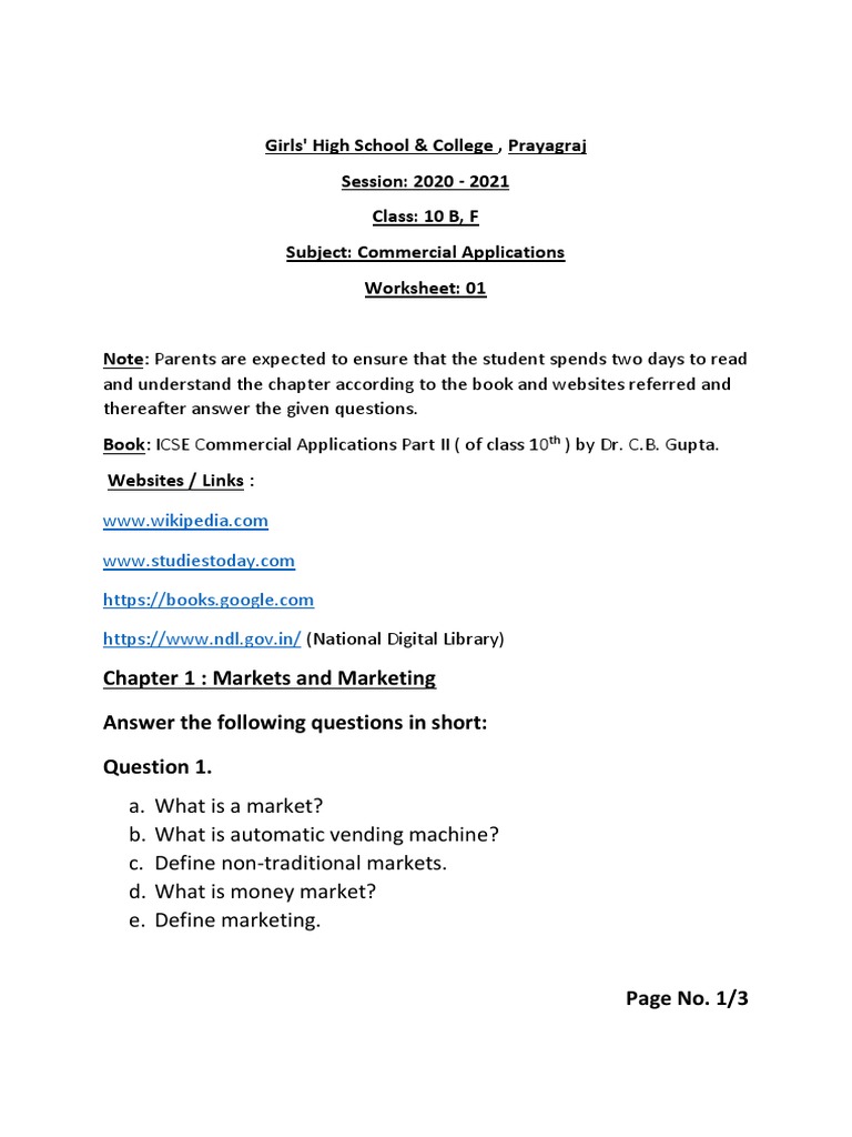 Understanding Markets and Marketing: A Worksheet on Key Concepts from ...
