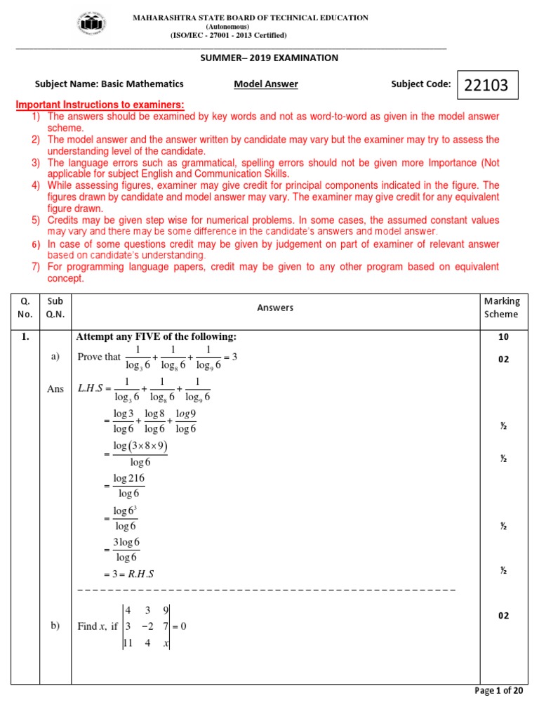 Basic Mathematics 22103 Model Answers Summer 2019 | PDF | Area | Understanding