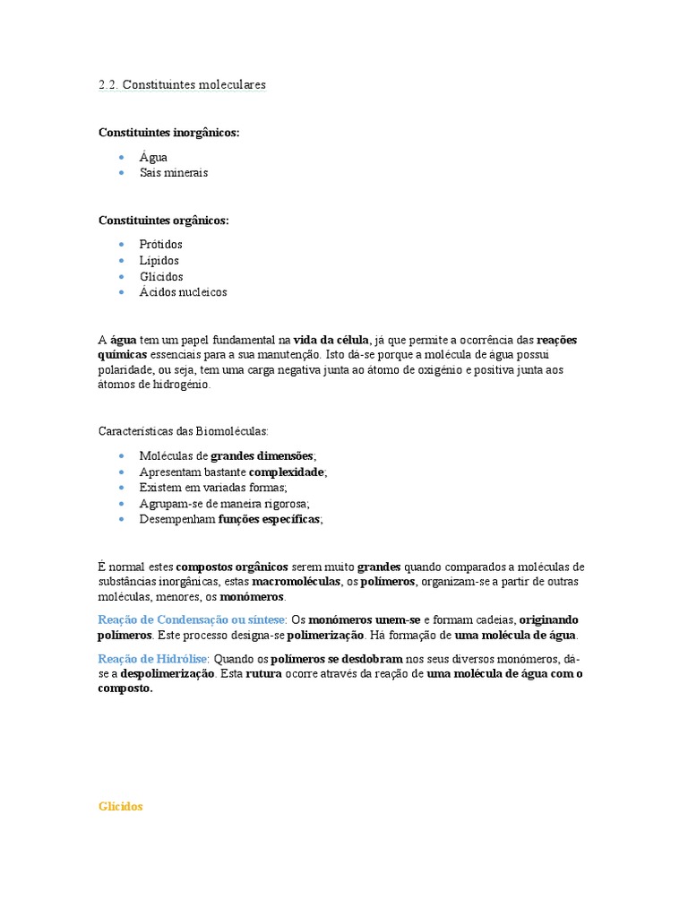 Biologia 10 Constituintes Moleculares | PDF | Carboidratos | RNA