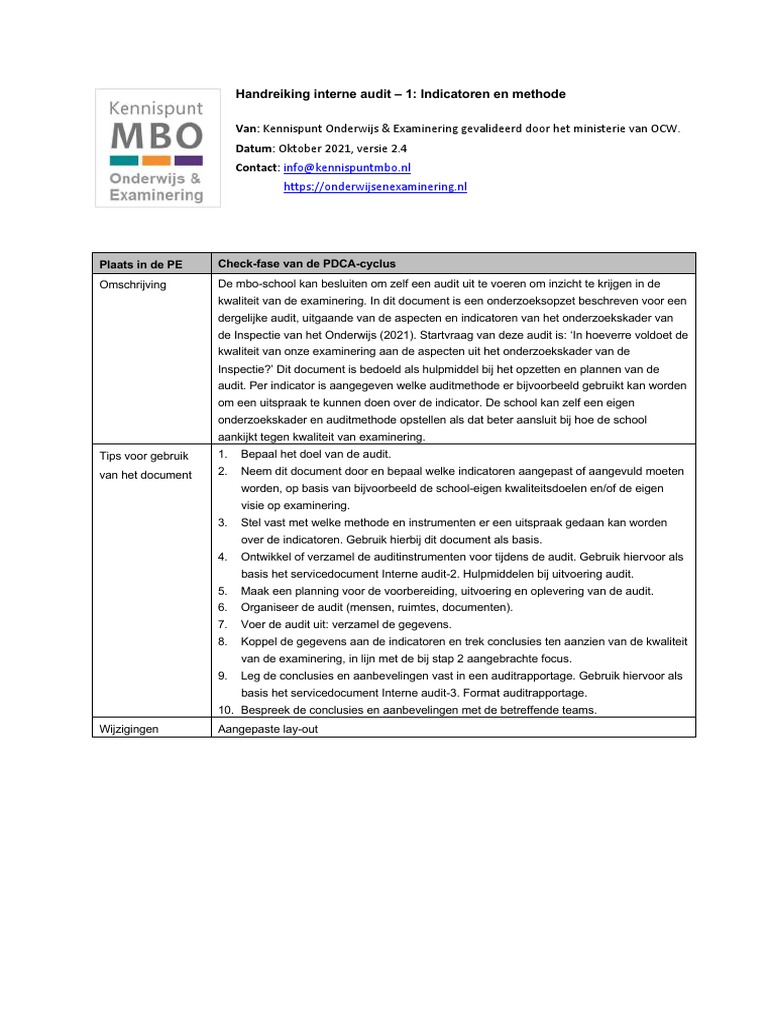 Handreiking Interne Audit 1.indicatoren en Methode R21 | PDF