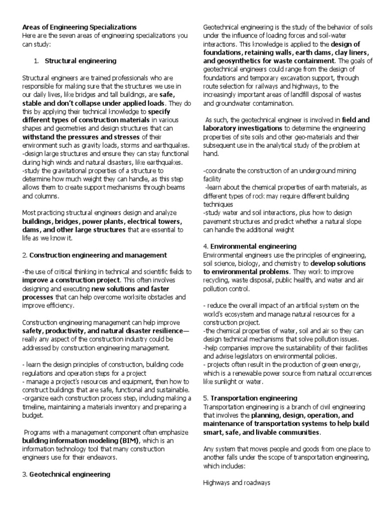 Areas of Engineering Specializations | PDF | Engineering | Civil Engineering