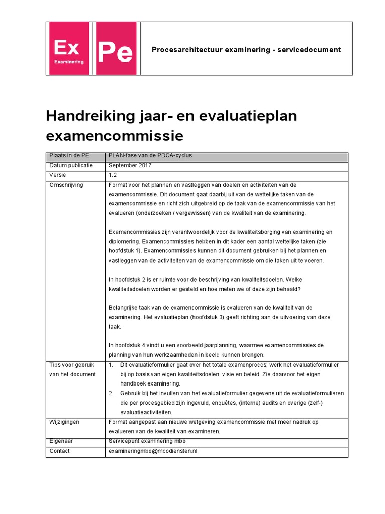 Handreiking - Jaar - en - Evaluatieplan - Examencommissie | PDF