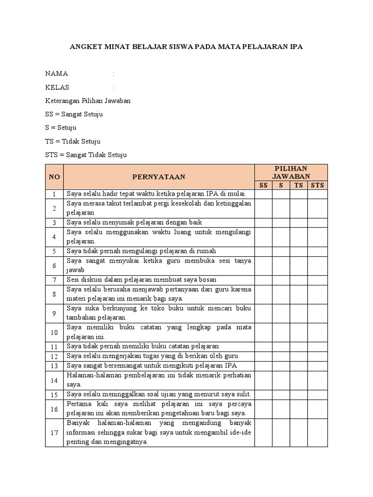 Angket Minat Belajar Siswa Pada Mata Pelajaran Ipa | PDF