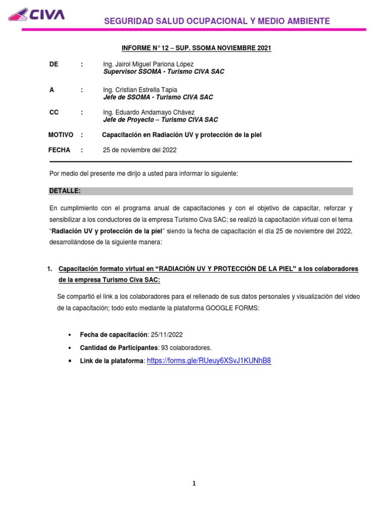 Informe sobre la capacitación en radiación UV y protección de la piel realizada a los ...