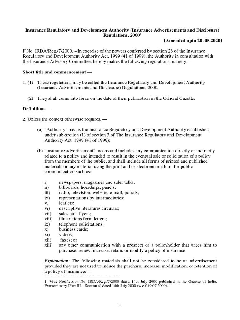 IRDA (Insurance Advertisements and Disclosure) Regulations, 2000 ...