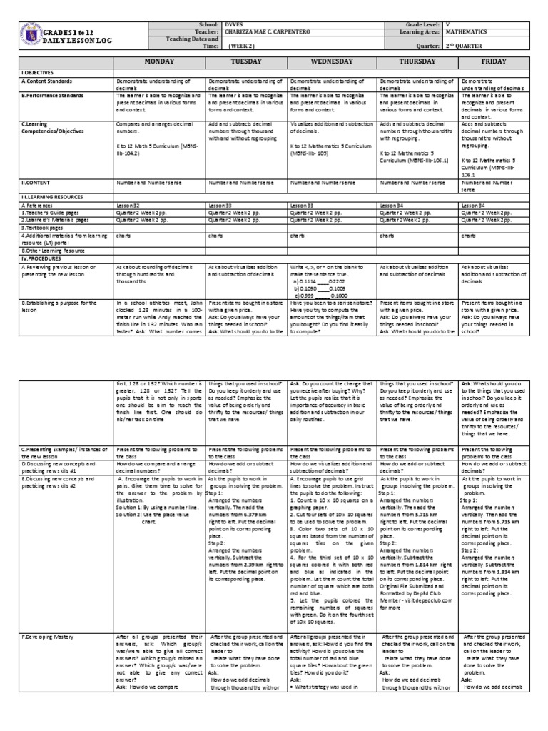 DLL - Mathematics 5 - Q2 - W2 | Download Free PDF | Differentiated Instruction | Subtraction
